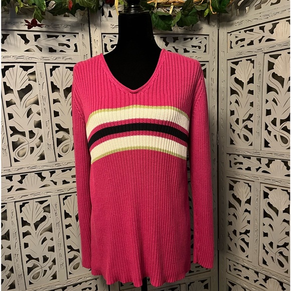 Sweaters | Vintage Fascinating Dark Pink With Multi Color Band Accents ...